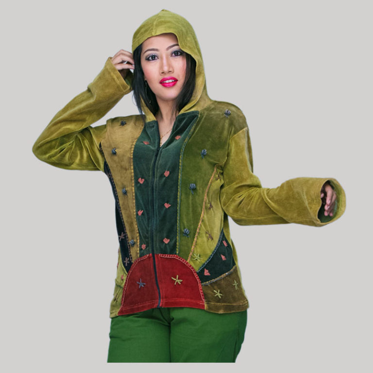 Velvet jacket with half sun motif patches (Olive Green) - Garments Nepal